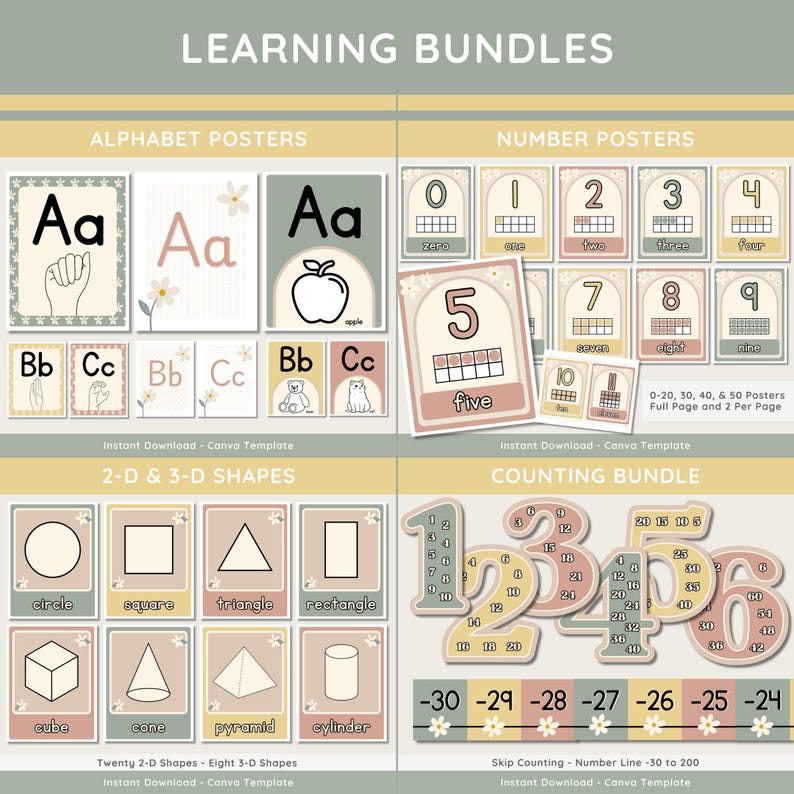 Calm Daisy Classroom Decor Bundle: Boho Neutral Theme (canva Template ...
