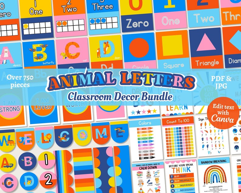 Animal Letters Classroom Decor Bundle, Editable Classroom Decor, Canva ...