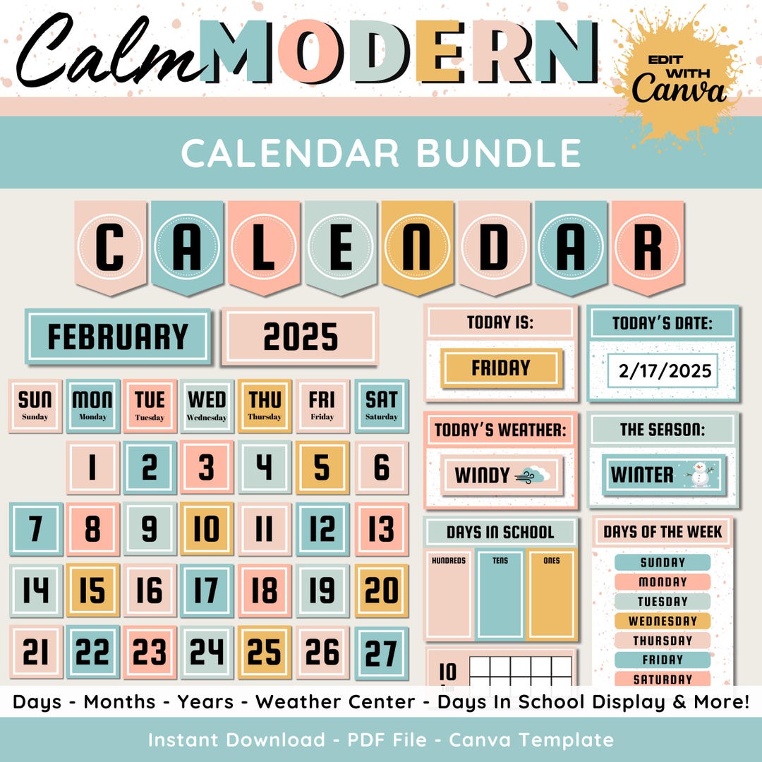 Classroom Calendar Display Bundle, Printable & Editable Calm Modern ...