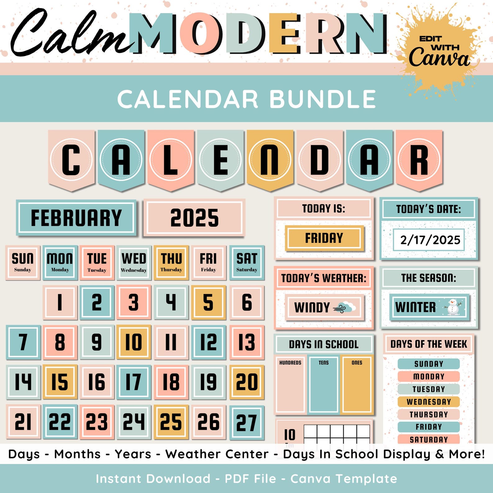 Calm Modern Classroom Calendar Display Bundle (printable & Editable ...