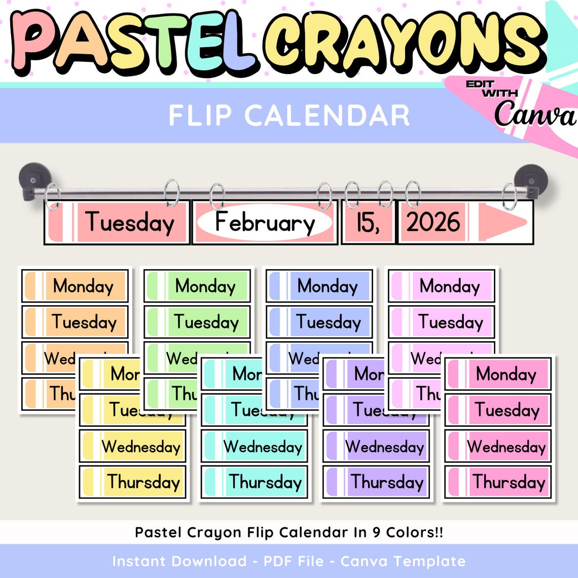 Pastel Crayon Flip Calendar: Printable Classroom Decor (canva Template ...