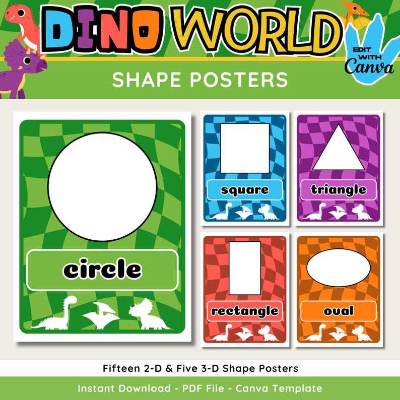 Dinosaur 2D & 3D Shape Posters, Printable Editable Elementary Shape ...