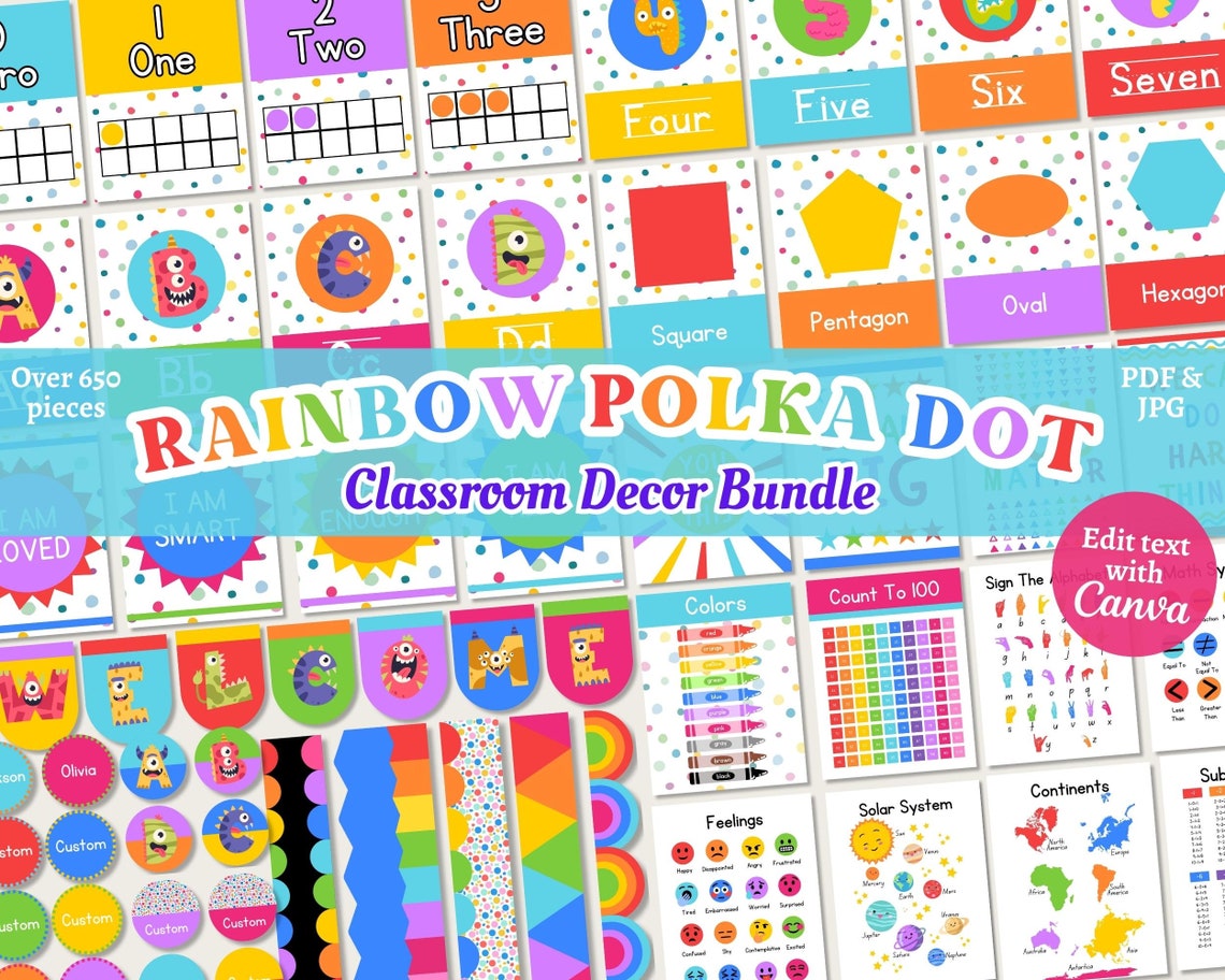 Rainbow Polka Dot Classroom Decor Bundle, Editable Classroom Bundle ...