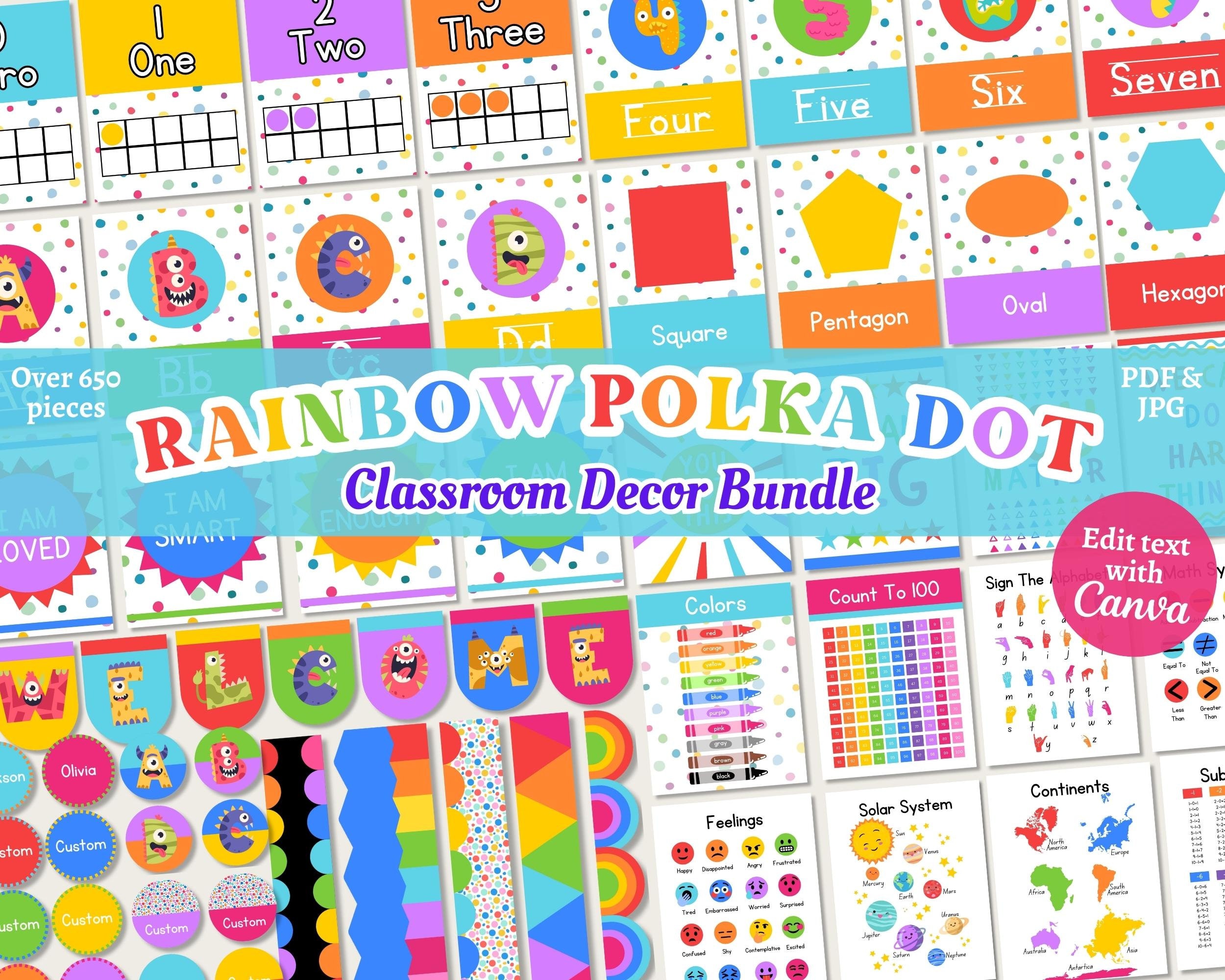 Rainbow Polka Dot Classroom Decor Bundle, Editable Classroom Bundle ...