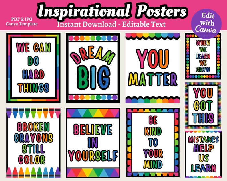 Rainbow Crayon Inspirational Posters, Editable Classroom Decor, Canva ...