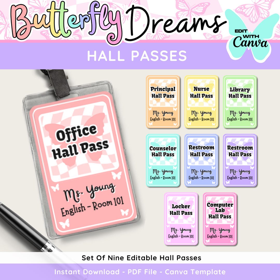 Classroom Hall Passes, Printable Editable Restroom Passes, Butterfly ...