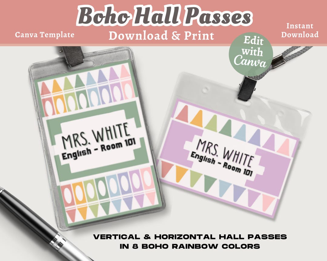 Printable Boho Teacher Hall Pass, Custom Editable Hall Passes for ...