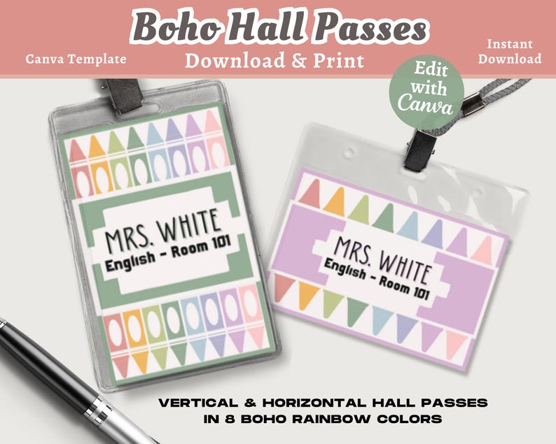 Printable Boho Teacher Hall Pass, Custom Editable Hall Passes for ...