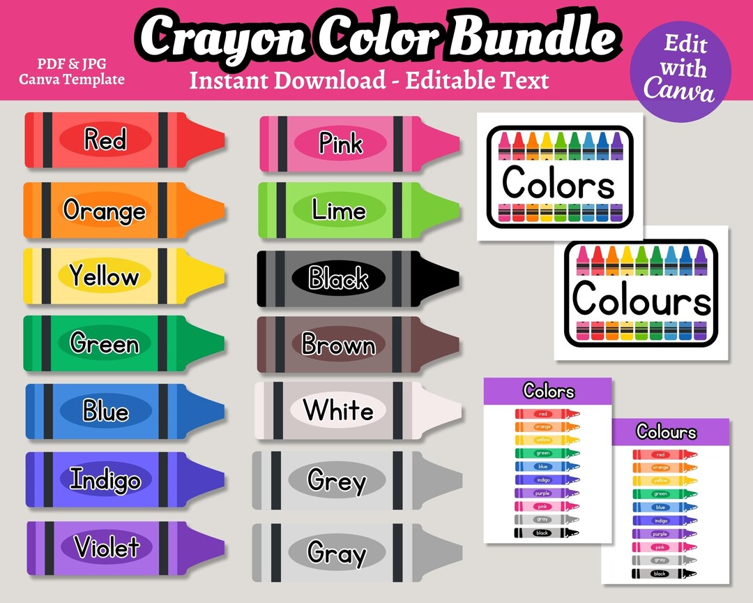 Crayon Color Bundle, Editable Classroom Decor, Canva Templates, Teacher ...