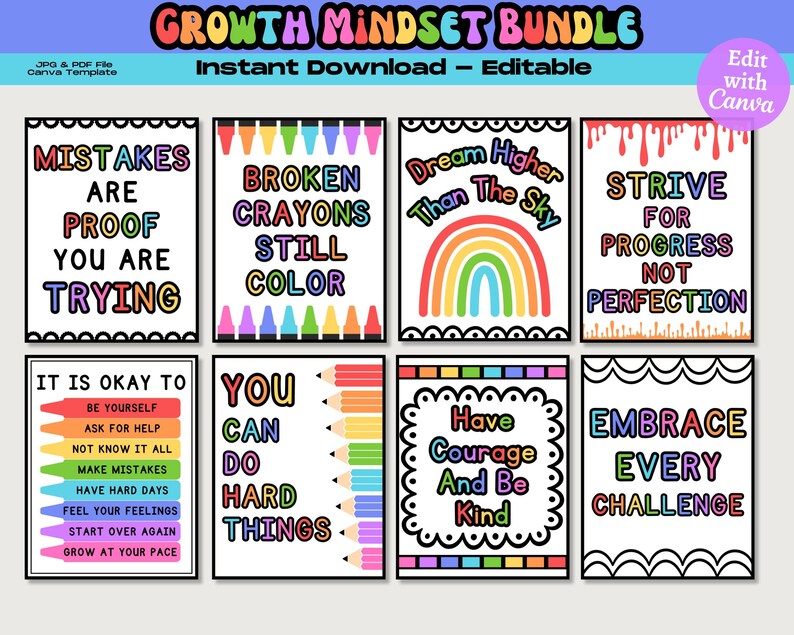 Bright Rainbow Growth Mindset Printable Posters, Editable Kids ...