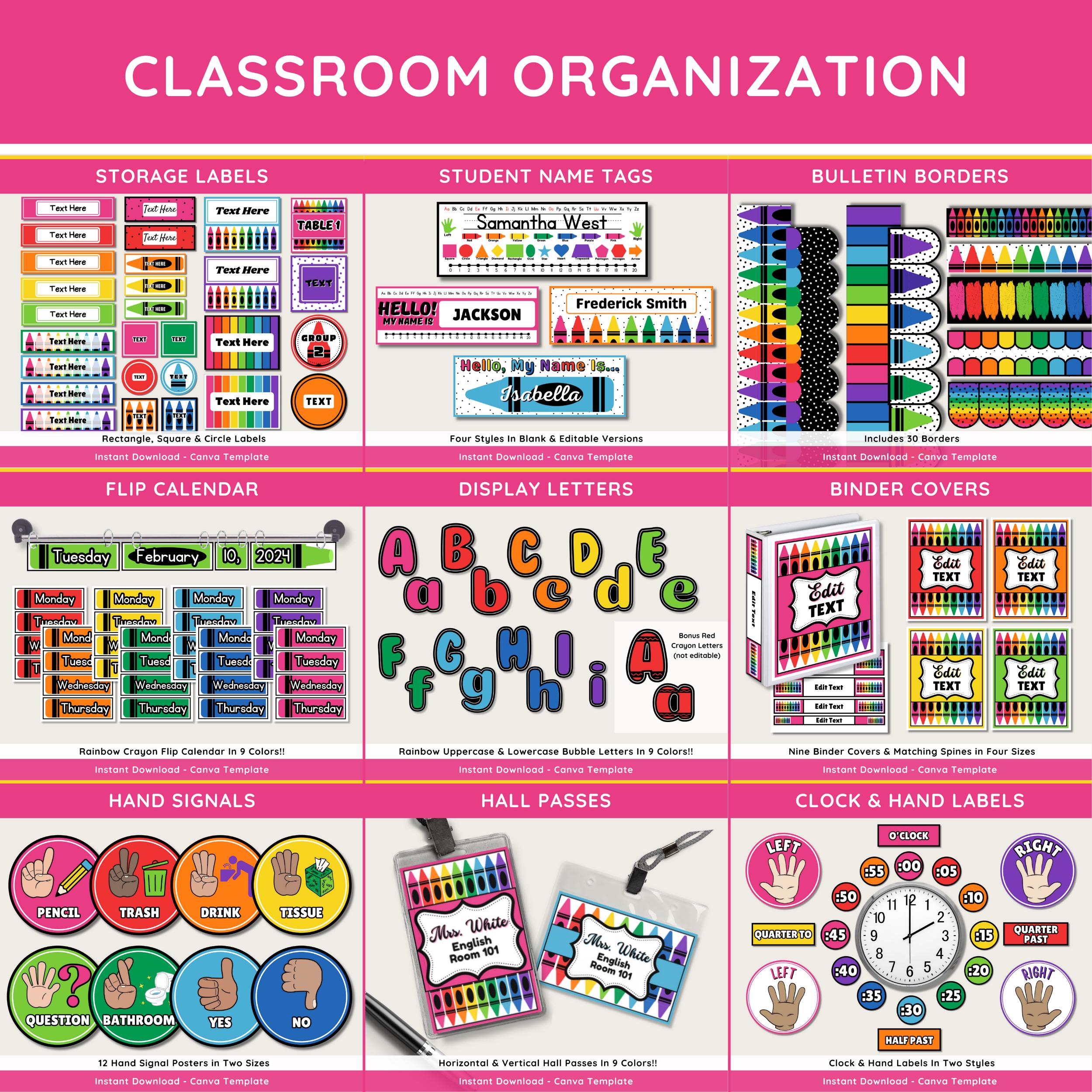 Rainbow Crayon Classroom Decor Bundle: Editable Teacher Templates ...