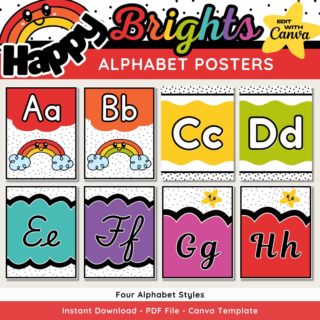 Rainbow Alphabet Classroom Posters, Happy Bright A-Z Cursive Printable ...