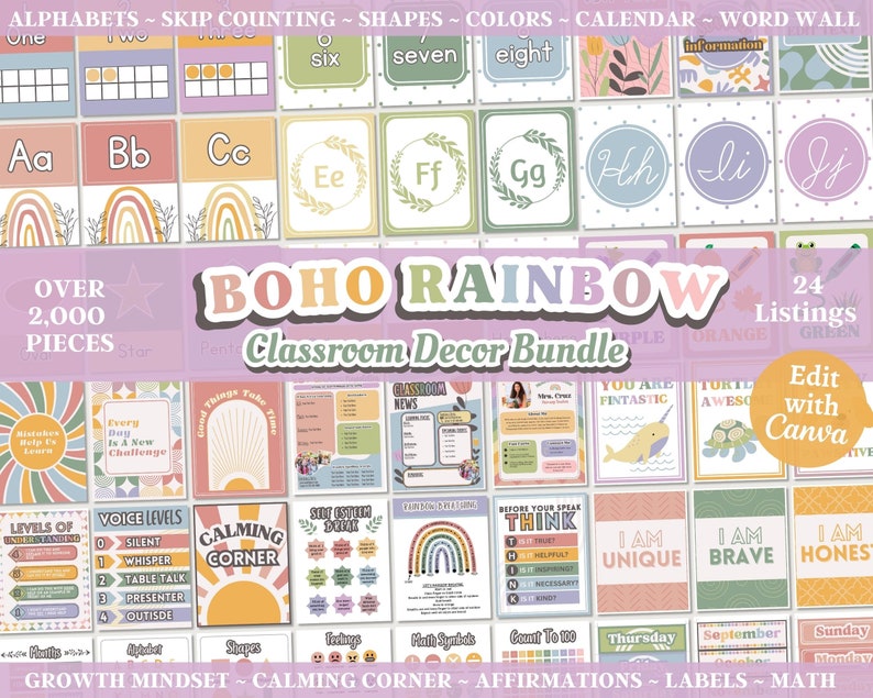Boho Rainbow Editable Classroom Decor Bundle, Canva Template, Teacher ...