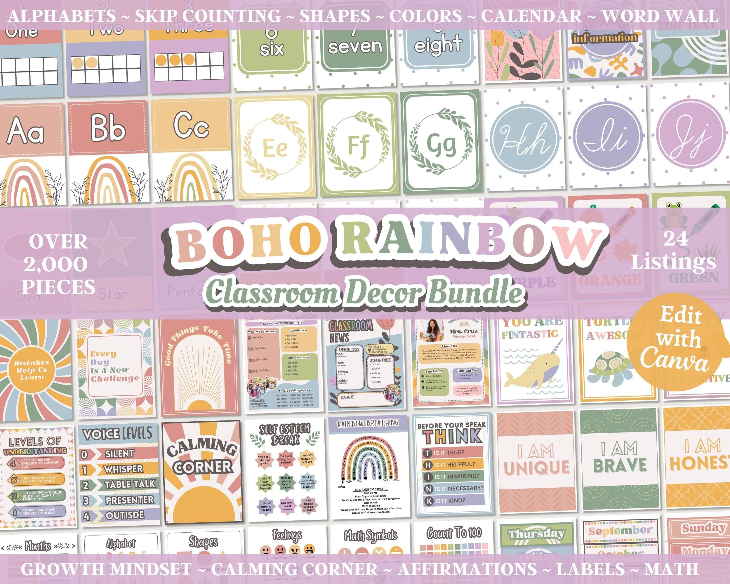 Boho Rainbow Editable Classroom Decor Bundle, Canva Template, Teacher ...