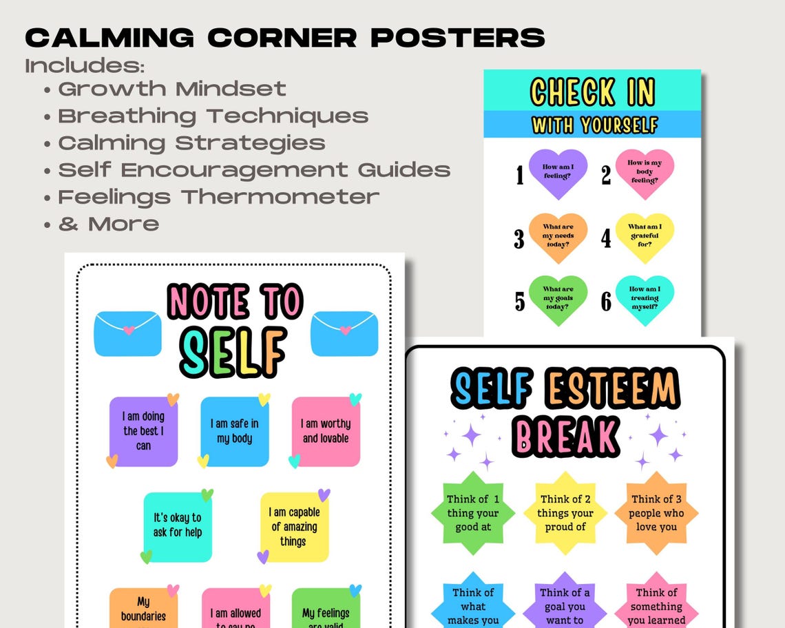 Pastel Calming Corner Posters: Breathing Techniques, Growth Mindset ...