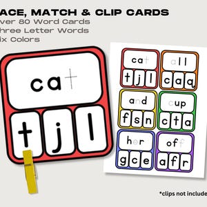Three Letter Sight Words Match & Clip, Printable Kindergarten Sight ...