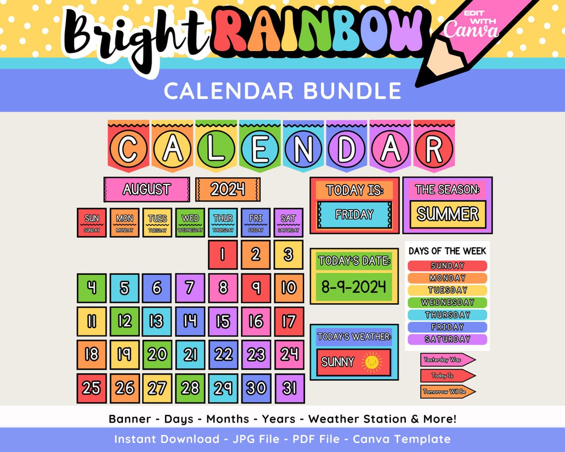 Bright Rainbow Classroom Calendar, Editable Classroom Calendar ...