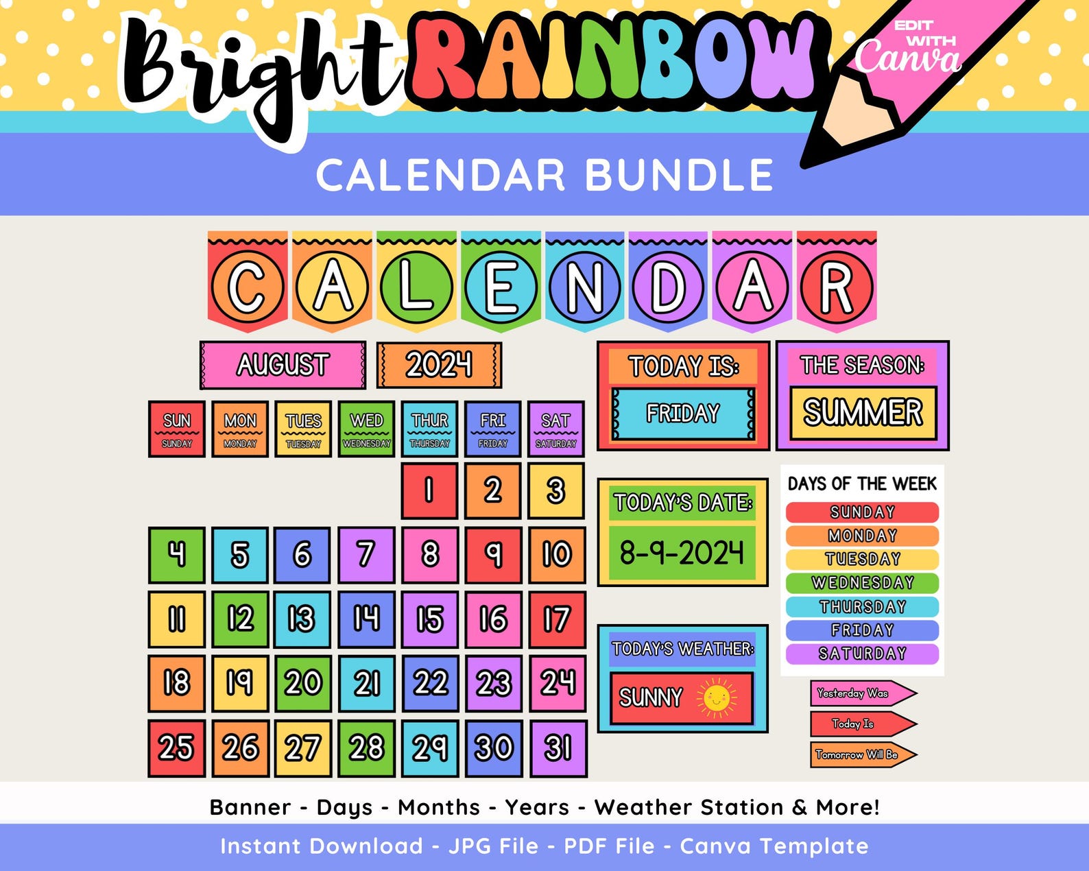 Bright Rainbow Classroom Calendar, Editable Classroom Calendar ...