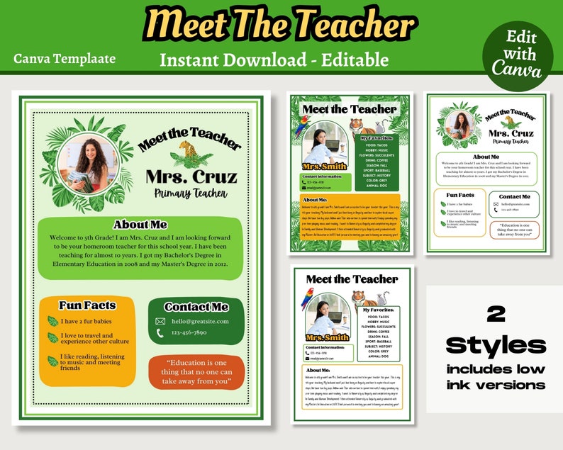 Jungle Meet the Teacher Printable: Editable Canva Template (digital ...