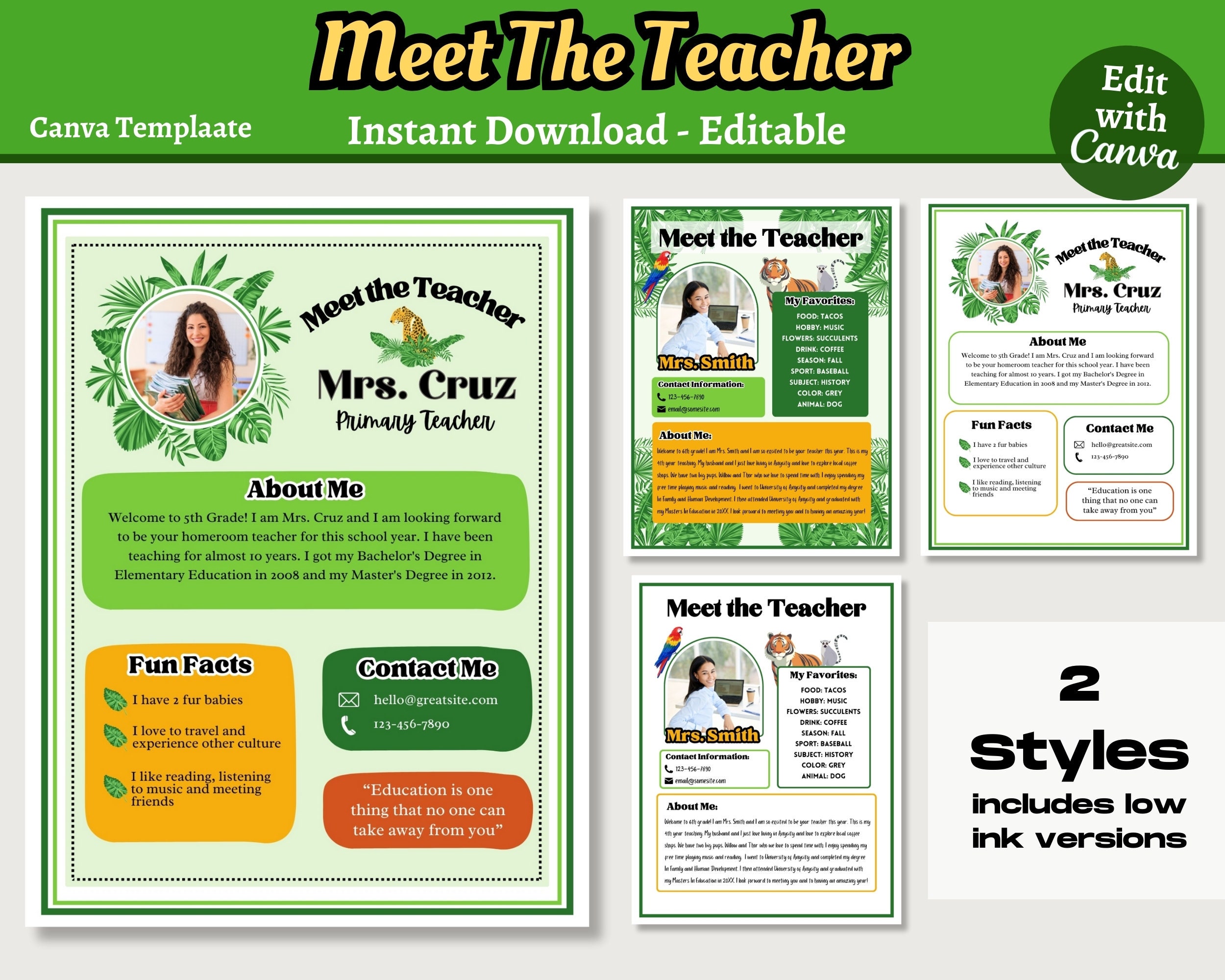 Jungle Meet the Teacher Printable, Editable Teacher Introduction ...