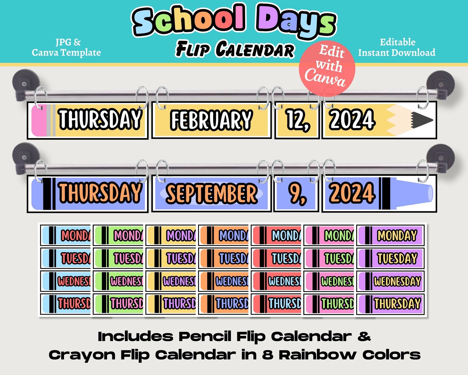 Pencil & Crayon Flip Calendar: Rainbow Classroom Decor (canva Template ...