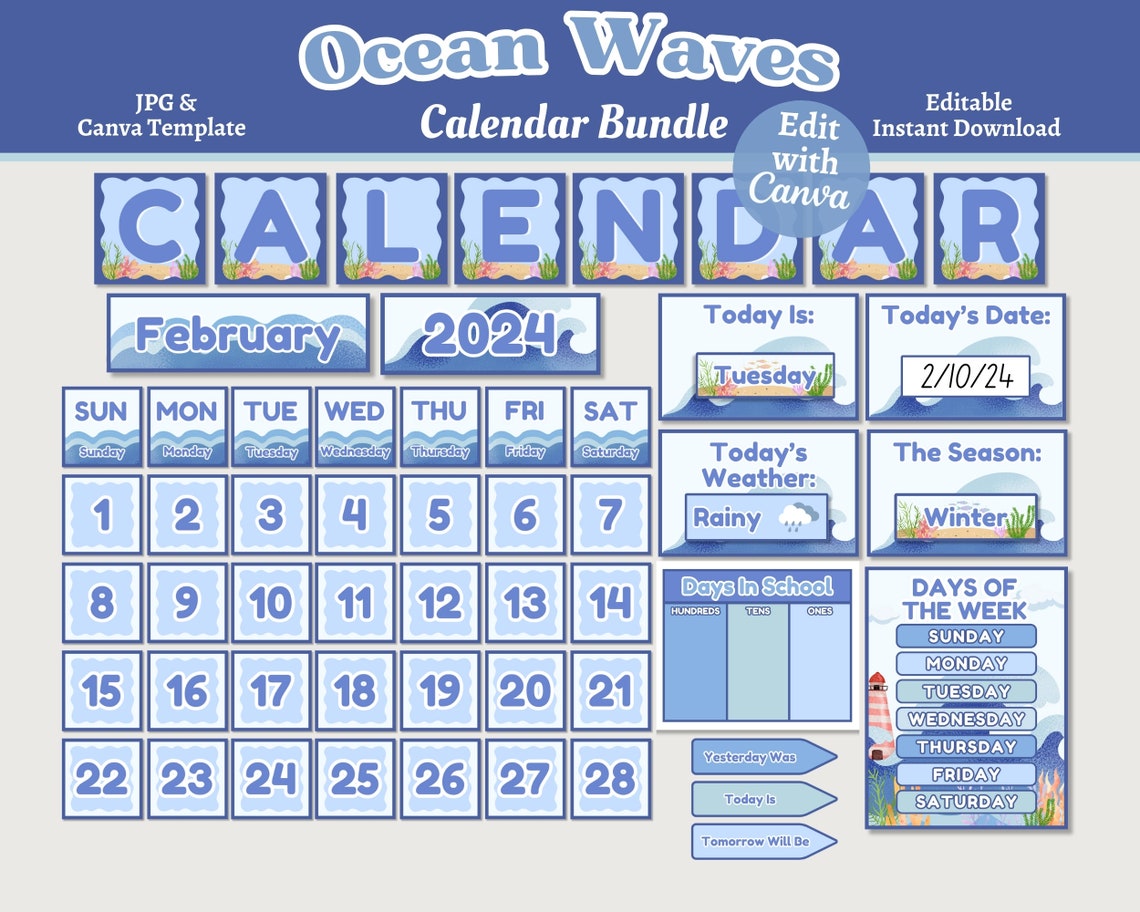 Ocean Theme Calendar Bundle, Printable & Editable Classroom Calendar ...