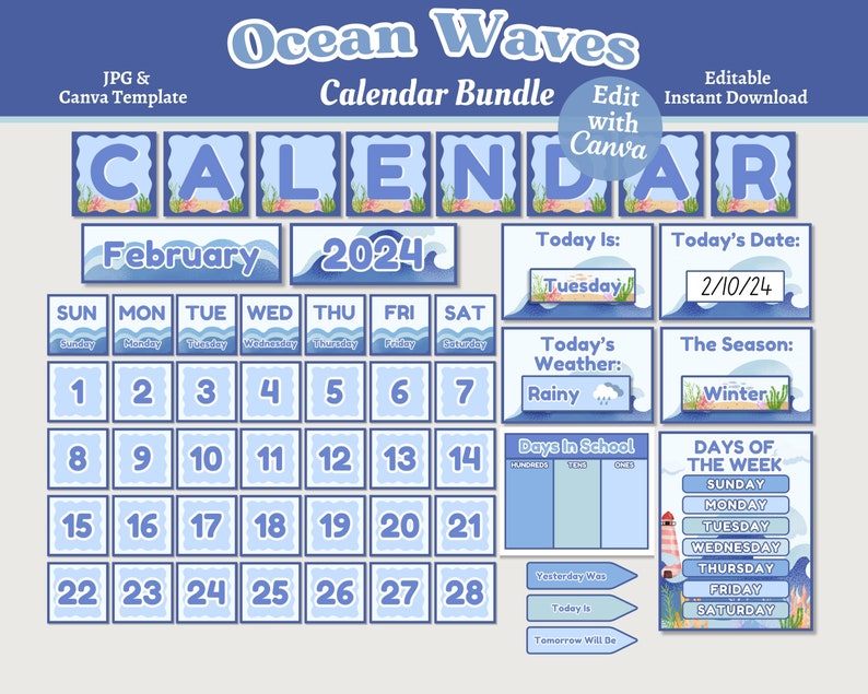 Ocean Theme Calendar Bundle, Printable & Editable Classroom Calendar ...