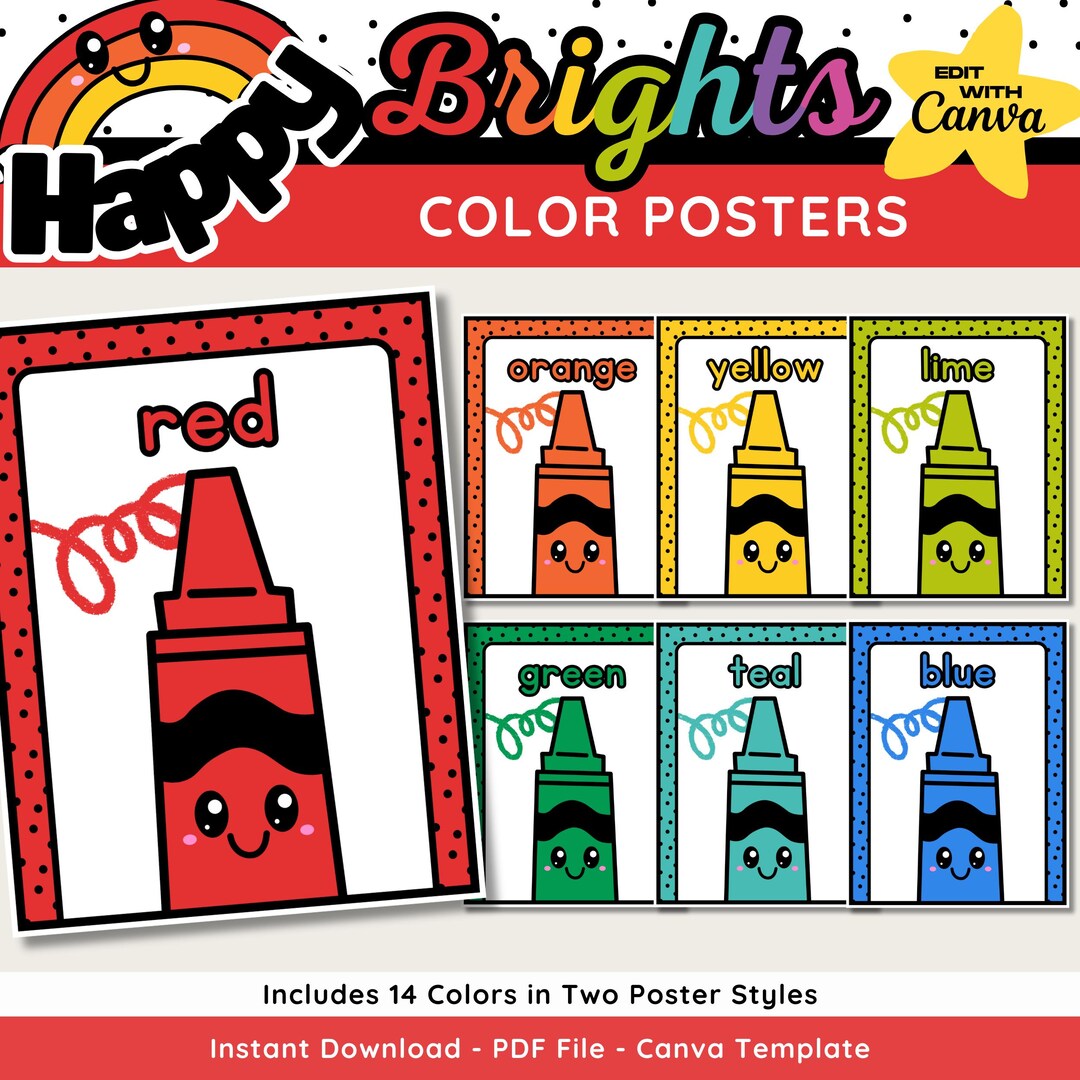 Rainbow Color Posters, Printable & Editable Happy Bright Crayon Color ...