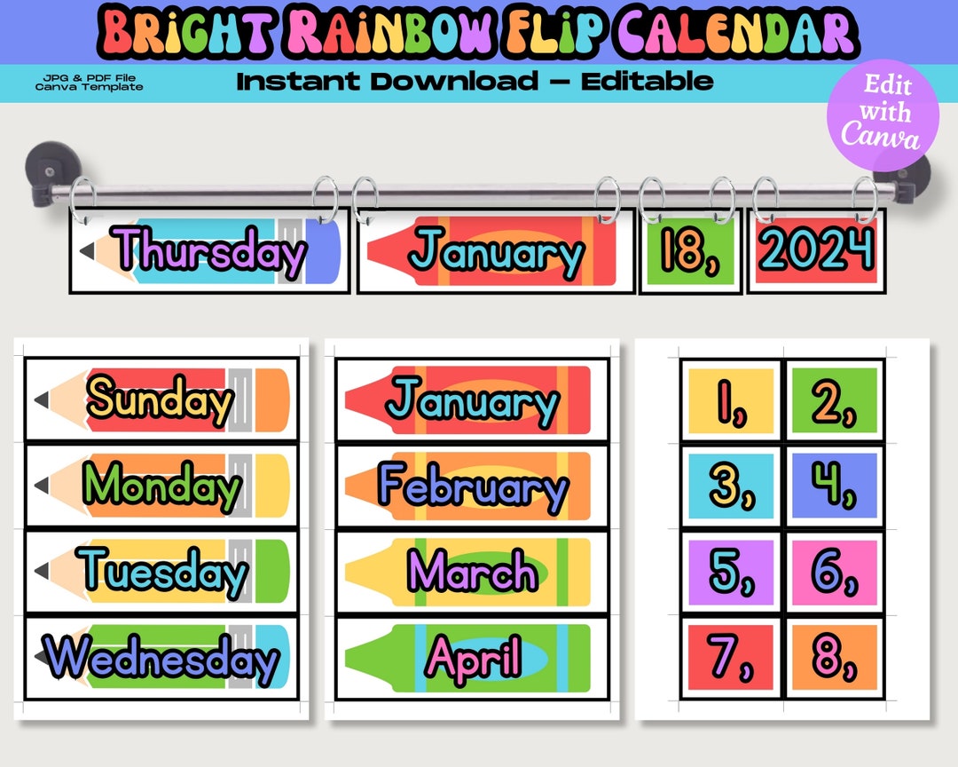 Bright Rainbow Flip Calendar, Editable Classroom Calendar, Kindergarten ...