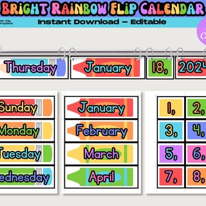 Bright Rainbow Flip Calendar, Editable Classroom Calendar, Kindergarten ...
