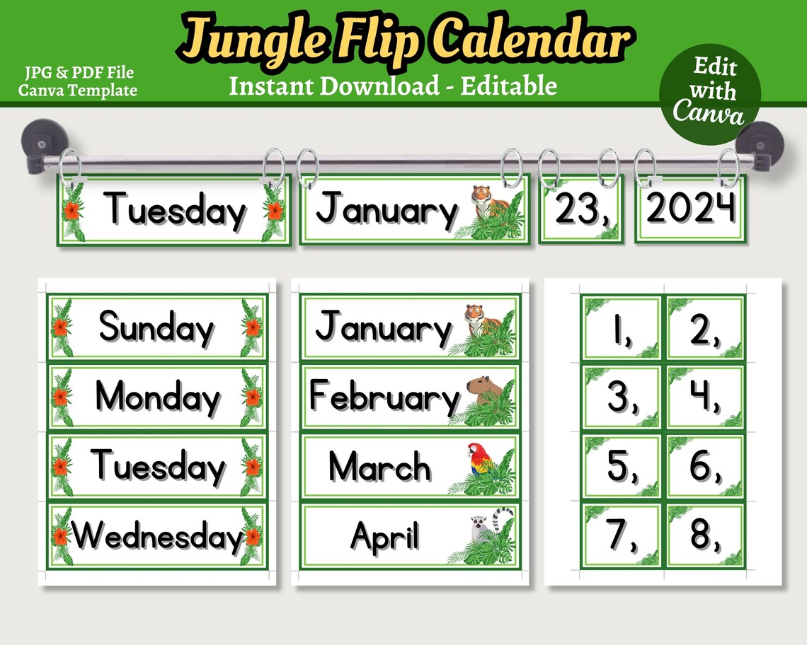 Jungle Classroom Flip Calendar: Editable Display (canva Template ...