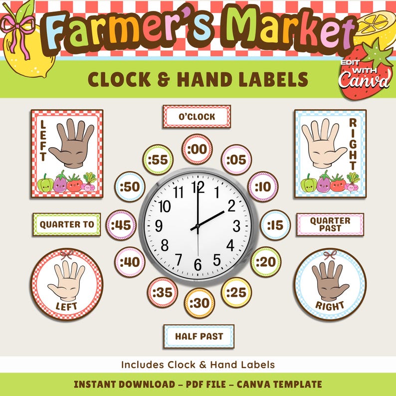 Printable Classroom Clock & Hand Labels: Farmer's Market Decor Theme ...