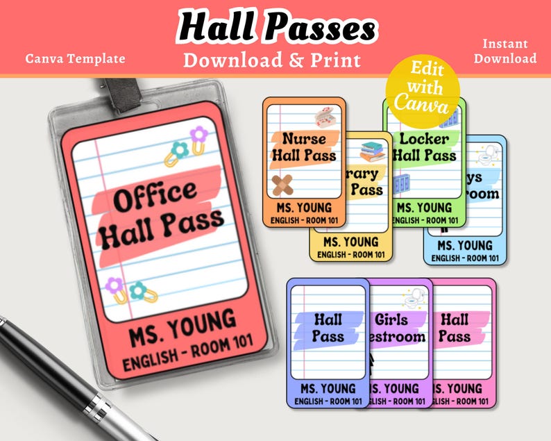Rainbow Teacher Hall Pass: Editable Printable Lanyard (PDF) - Etsy