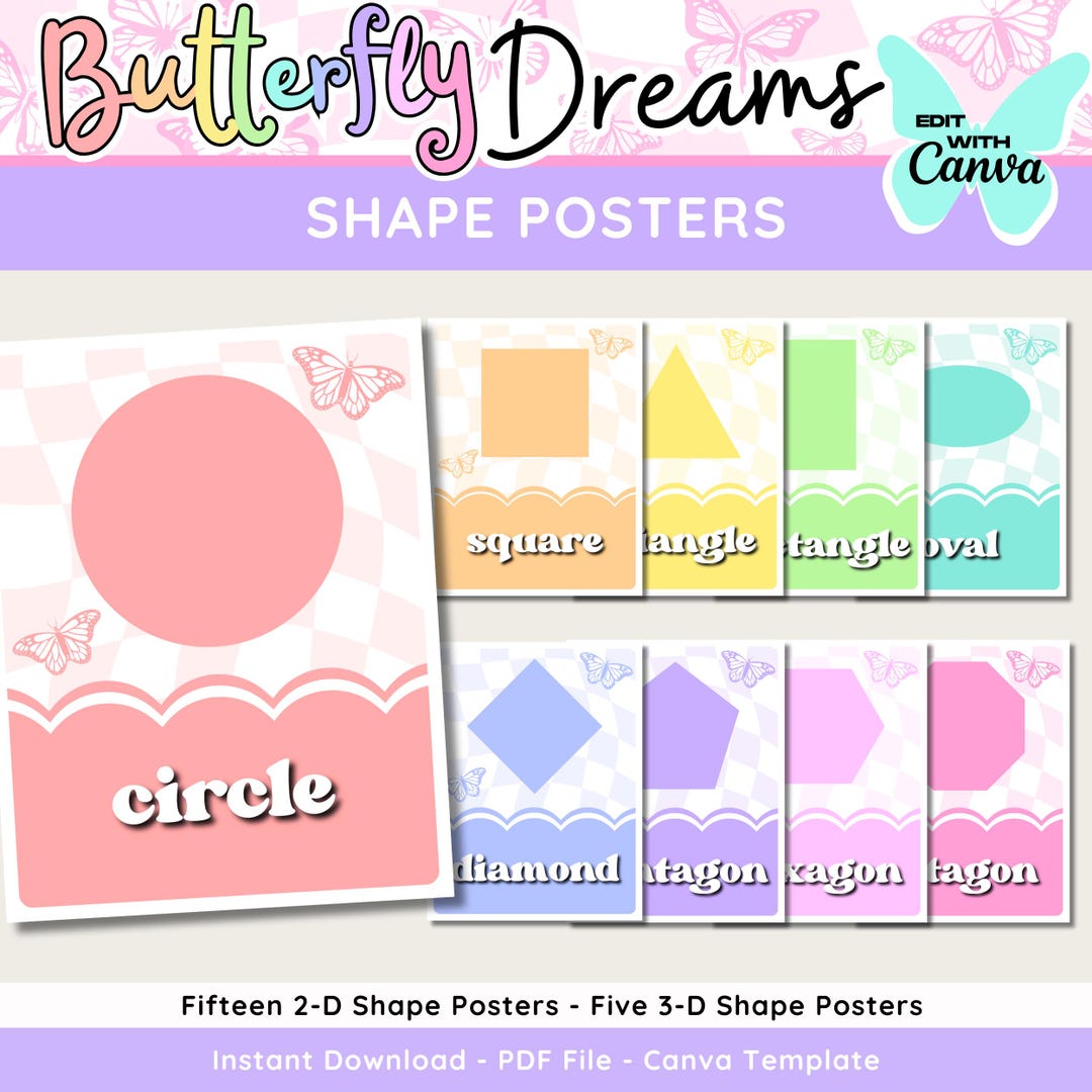 Pastel Butterfly Shape Posters, 2-D and 3-D Elementary Shape Prints ...