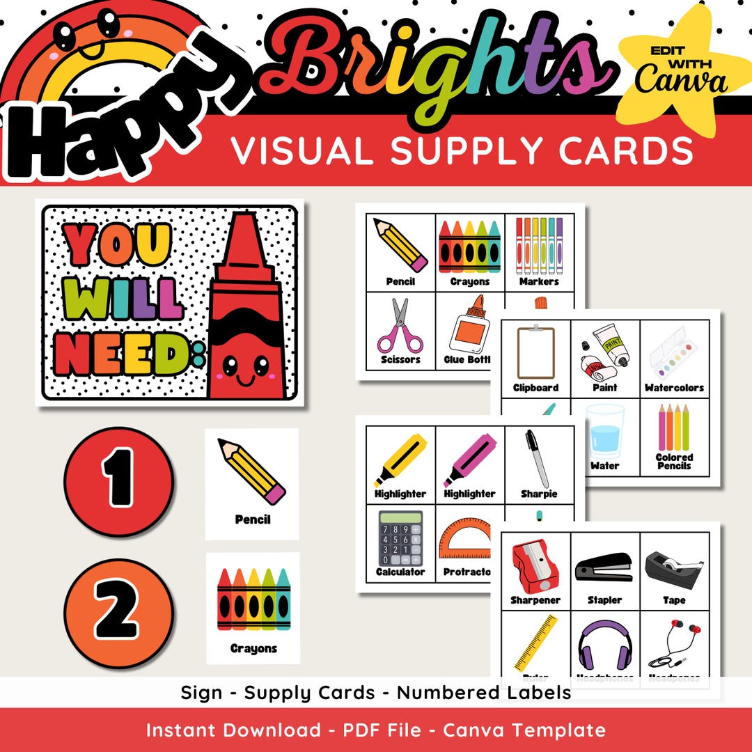 Rainbow Visual Supply Cards, Printable & Editable Student Direction ...