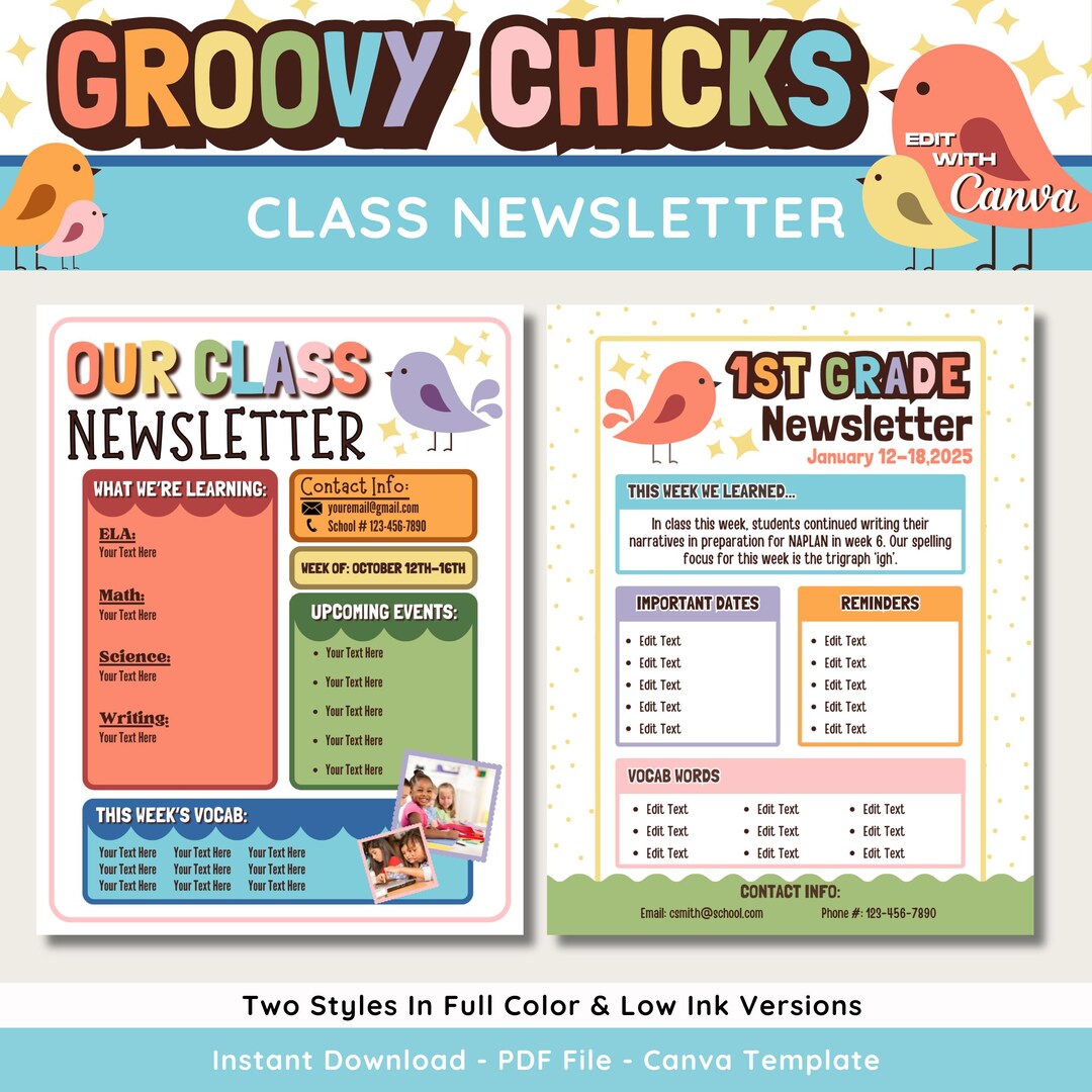 Retro Chicks Class Newsletter Template, Printable Editable Teacher ...