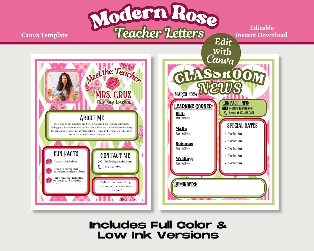 Modern Rose Meet the Teacher, Printable & Editable Classroom Newsletter ...
