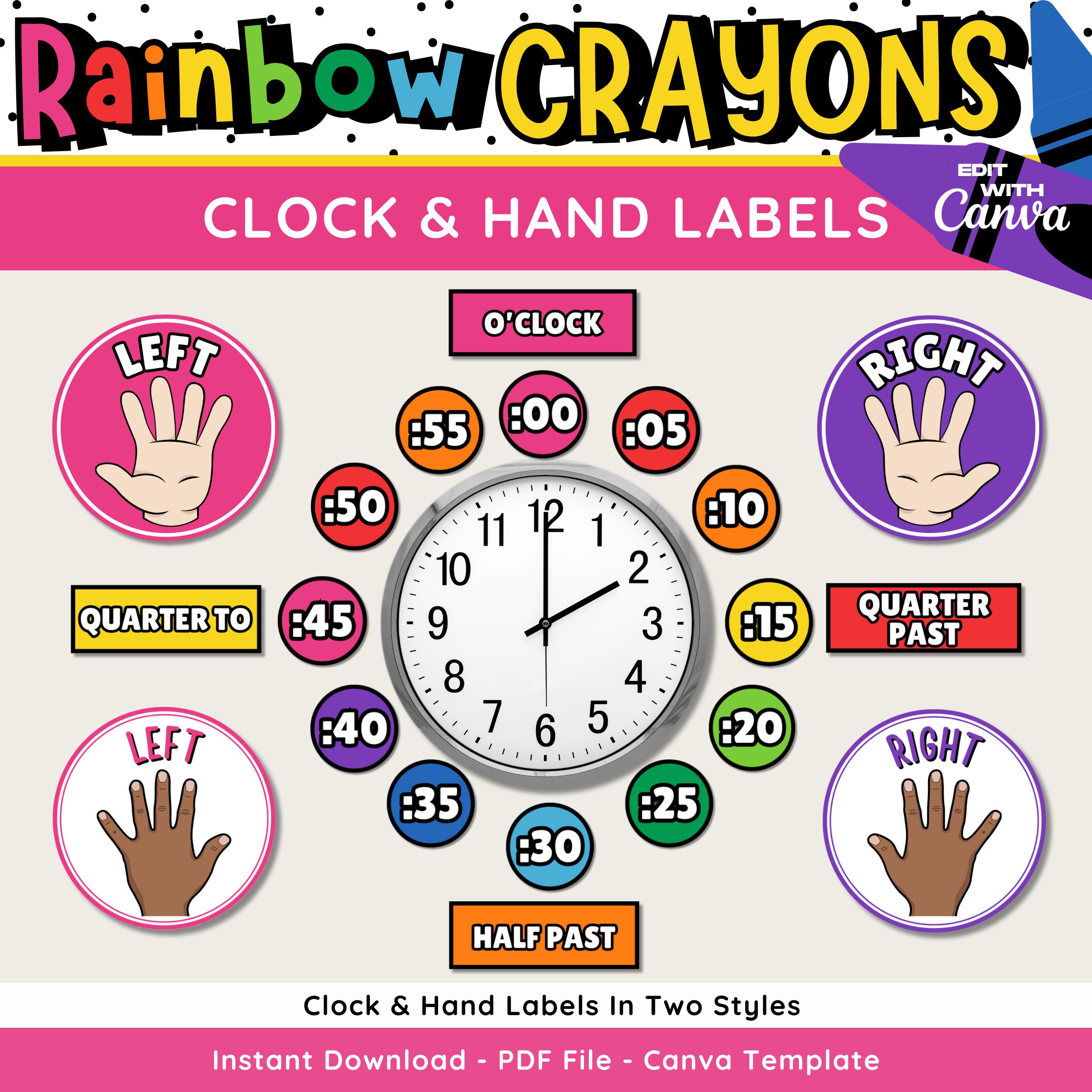 Rainbow Classroom Clock Labels, Printable & Editable Left Right Hand ...