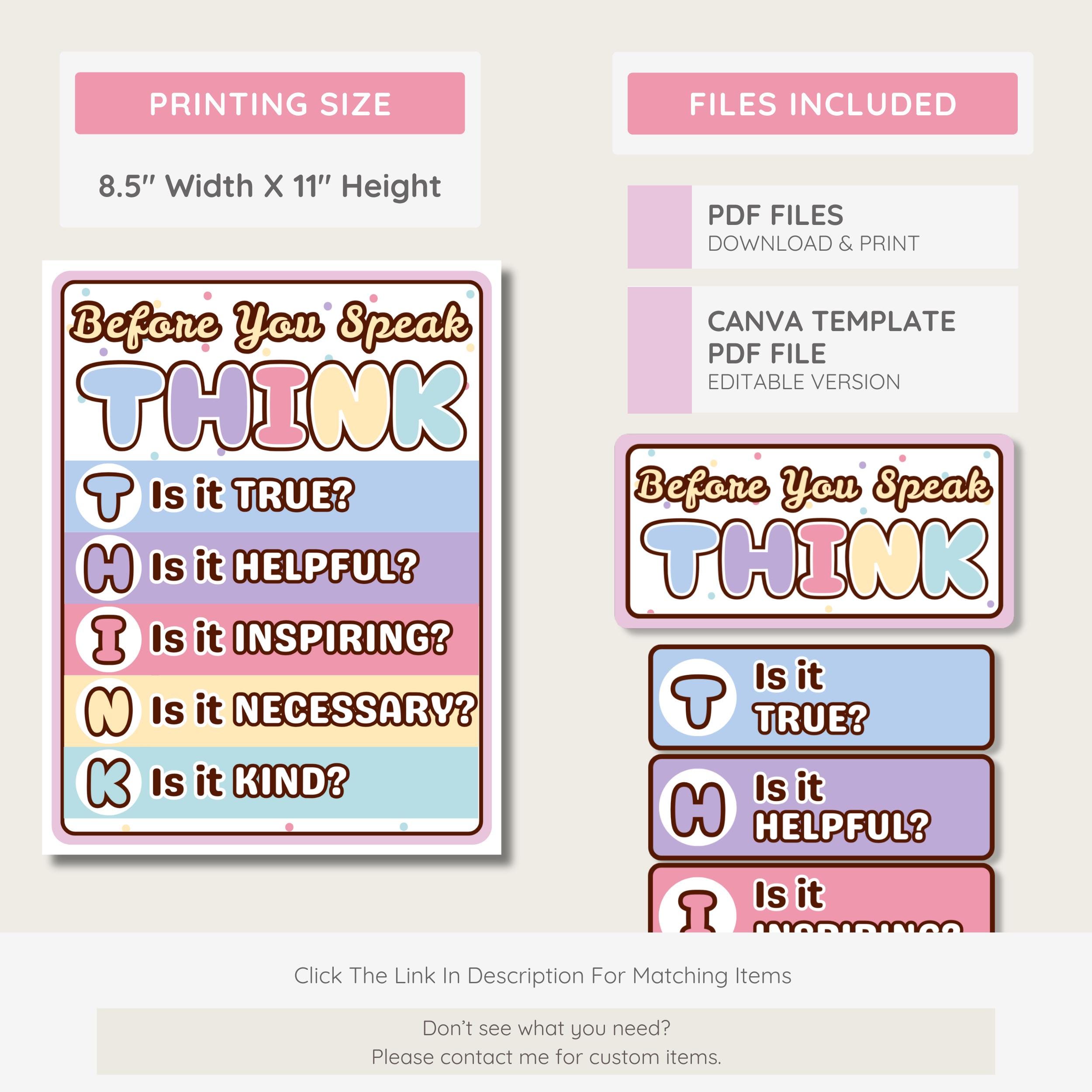 Before You Speak Think Classroom Poster, Printable & Editable Classroom ...