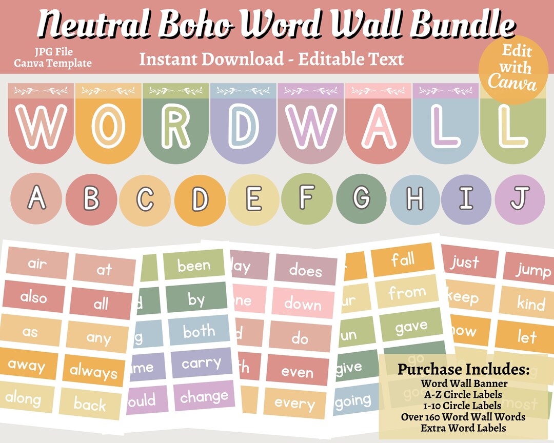 Neutral Boho Word Wall Bundle, Editable Classroom Decor, Canva Template ...