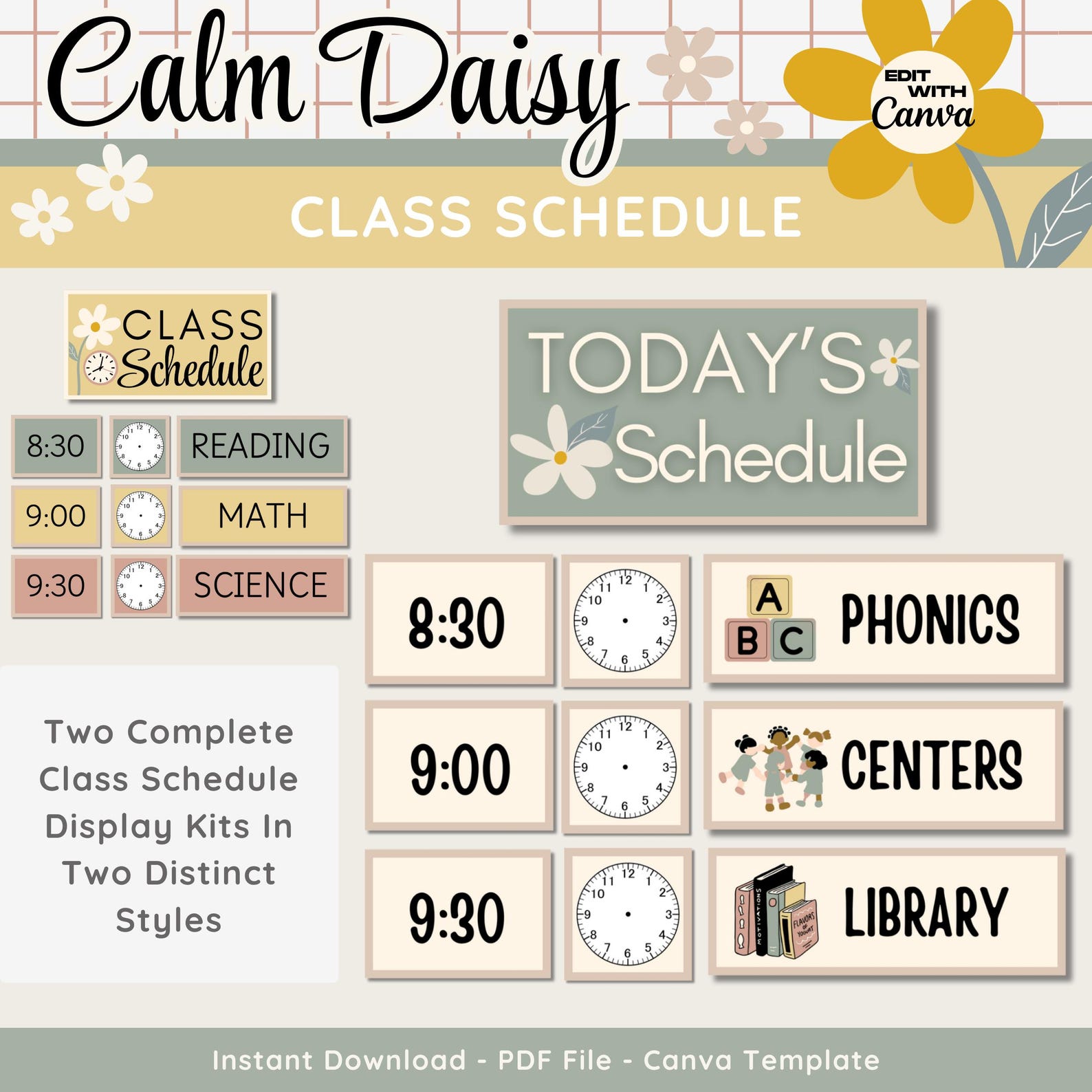 Calm Daisy Class Schedule Kit: Printable Classroom Decor (canva ...