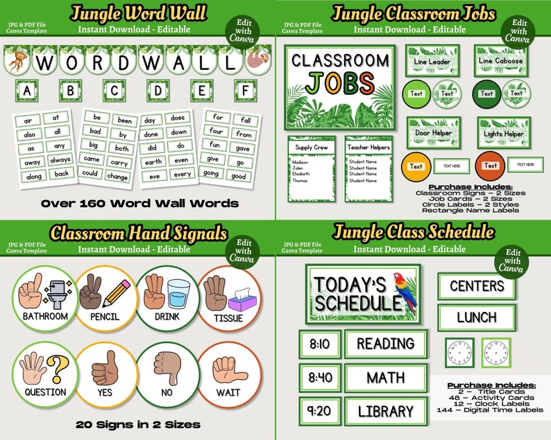Jungle Classroom Decor Bundle: Printable Editable Templates (canva) - Etsy