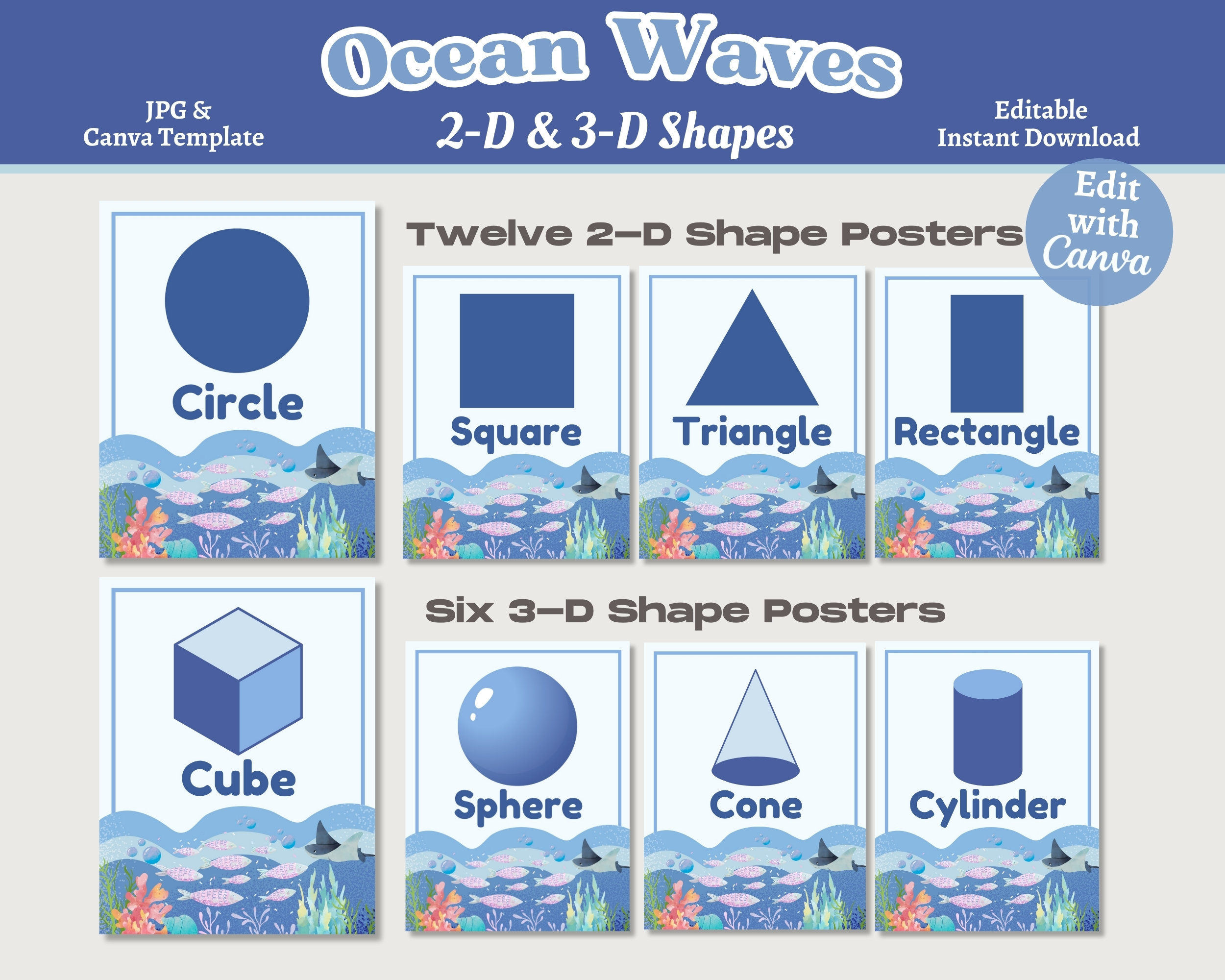Ocean Theme 2-D and 3-D Shape Posters, Printable & Editable Shape ...