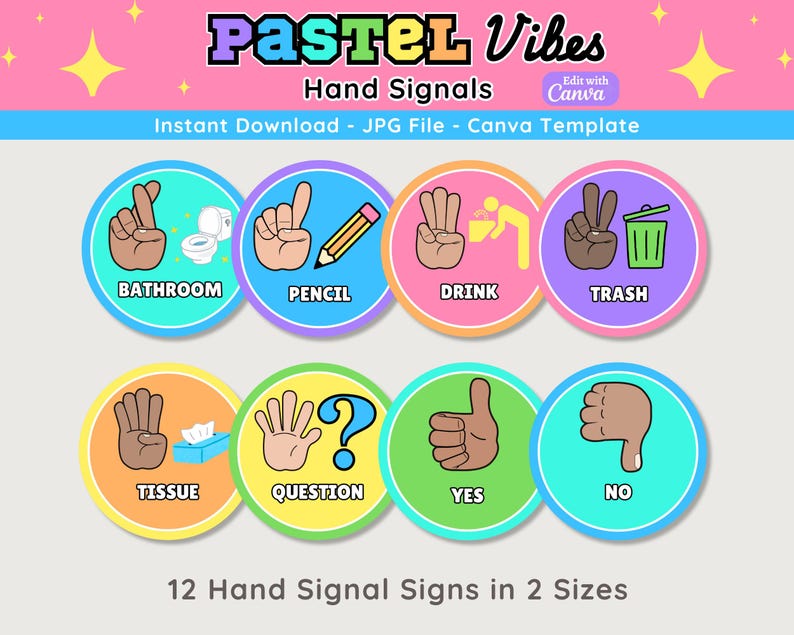 Pastel Hand Signal Signs: Classroom Decor, Editable Canva Template ...