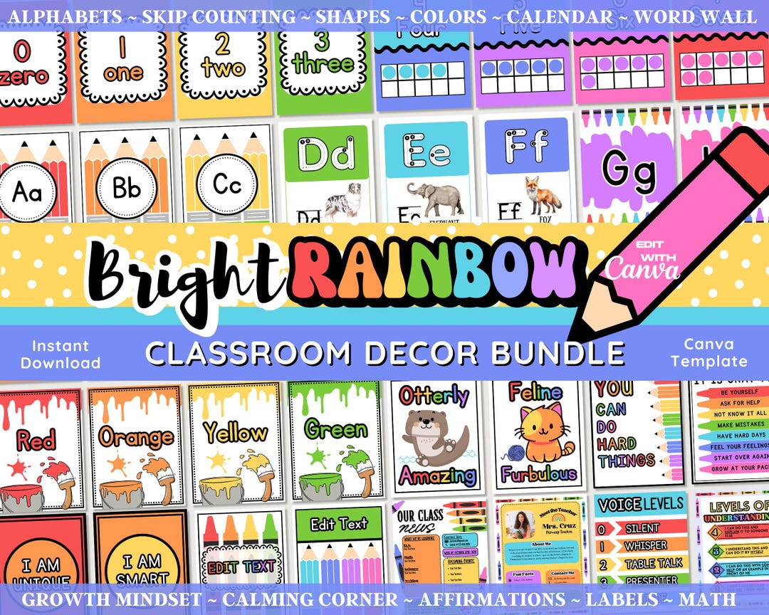 Bright Rainbow Classroom Decor Bundle: Editable Teacher Printables ...
