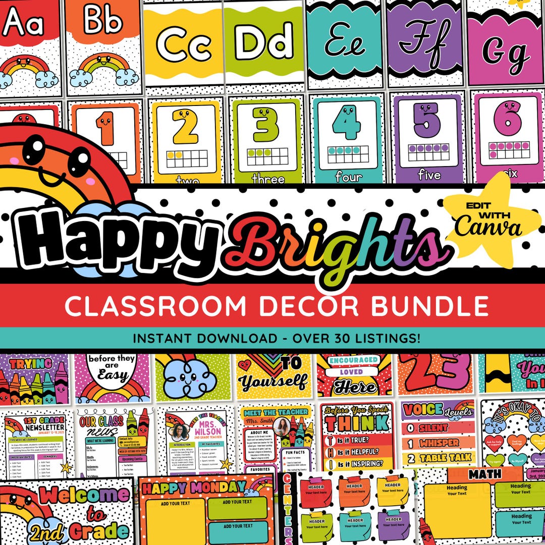 Rainbow Classroom Decor Bundle: Editable Teacher Canva Templates ...