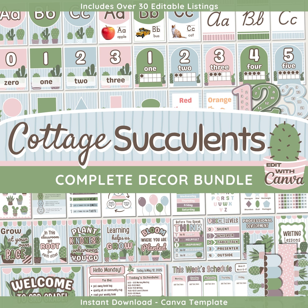 Cottage Succulents Classroom Decor Bundle: Calm Cactus Theme, Editable ...