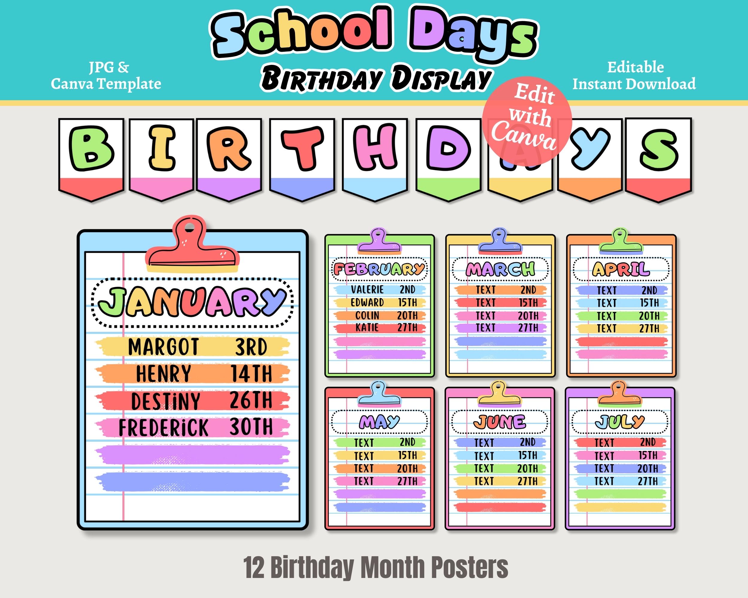 Classroom Birthday Display, Printable & Editable Birthday Bulletin ...