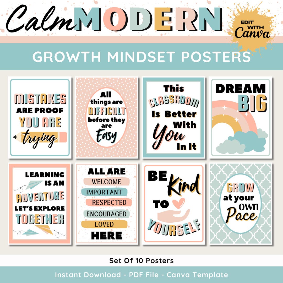 Growth Mindset Posters, Printable & Editable Kids Inspirational ...