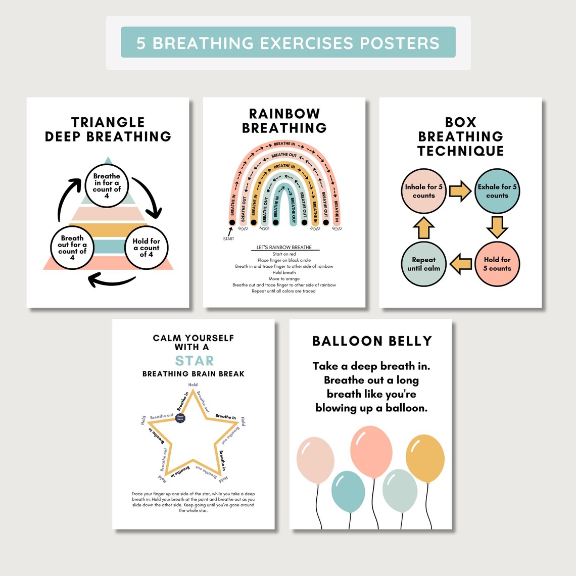 Calming Corner Posters: Breathing Exercises, Neutral Classroom Decor ...
